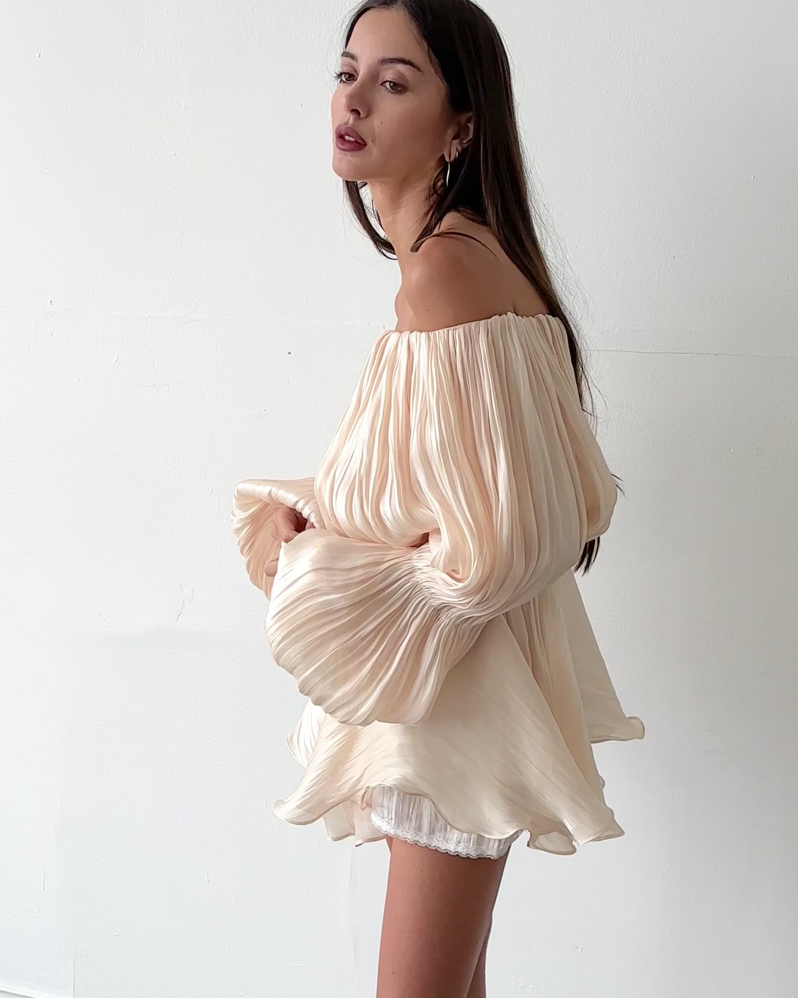 Elora Off Shoulder Gathering Blouse Top, Peach | The Bekk